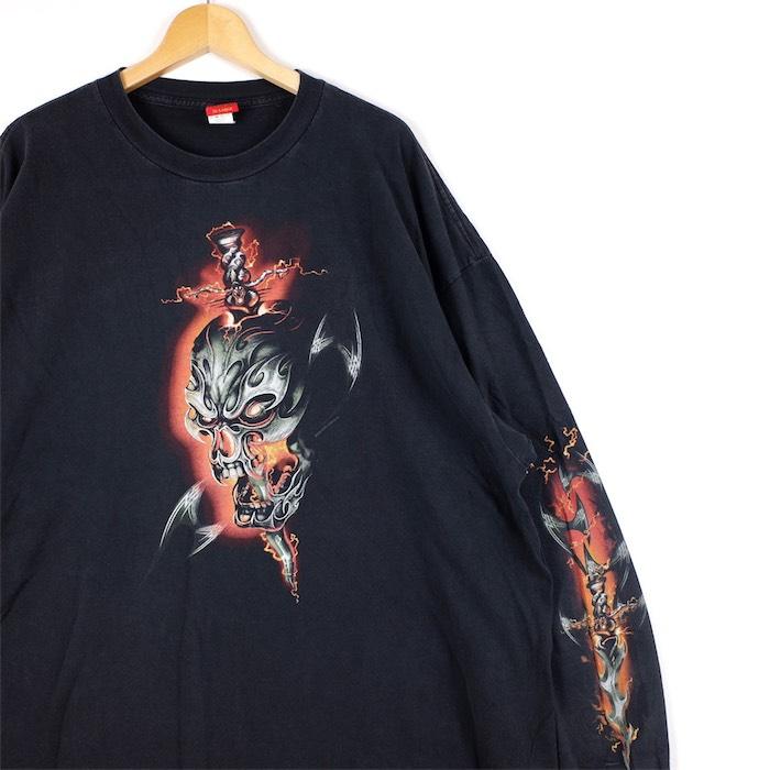 HOT LEATHERS クルーネック長袖Tシャツ メンズUS-3XLサイズ スカル トライバル 両面＆袖プリント ブラック ロンT ...
