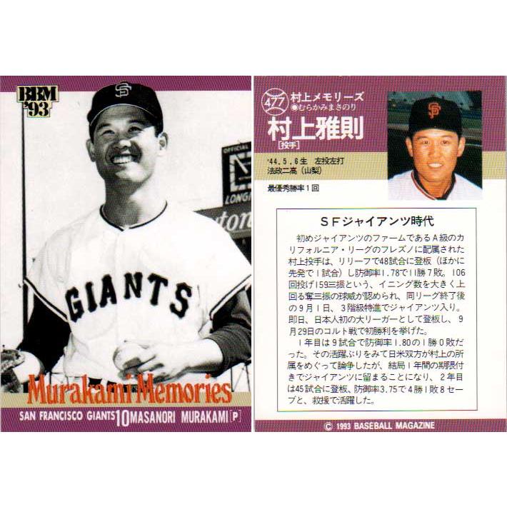 BBM1993 ベースボールカード レギュラーカード No.477 村上雅則(訂正版) : かーど屋本店ヤフー店 - 通販 - Yahoo!ショッピング