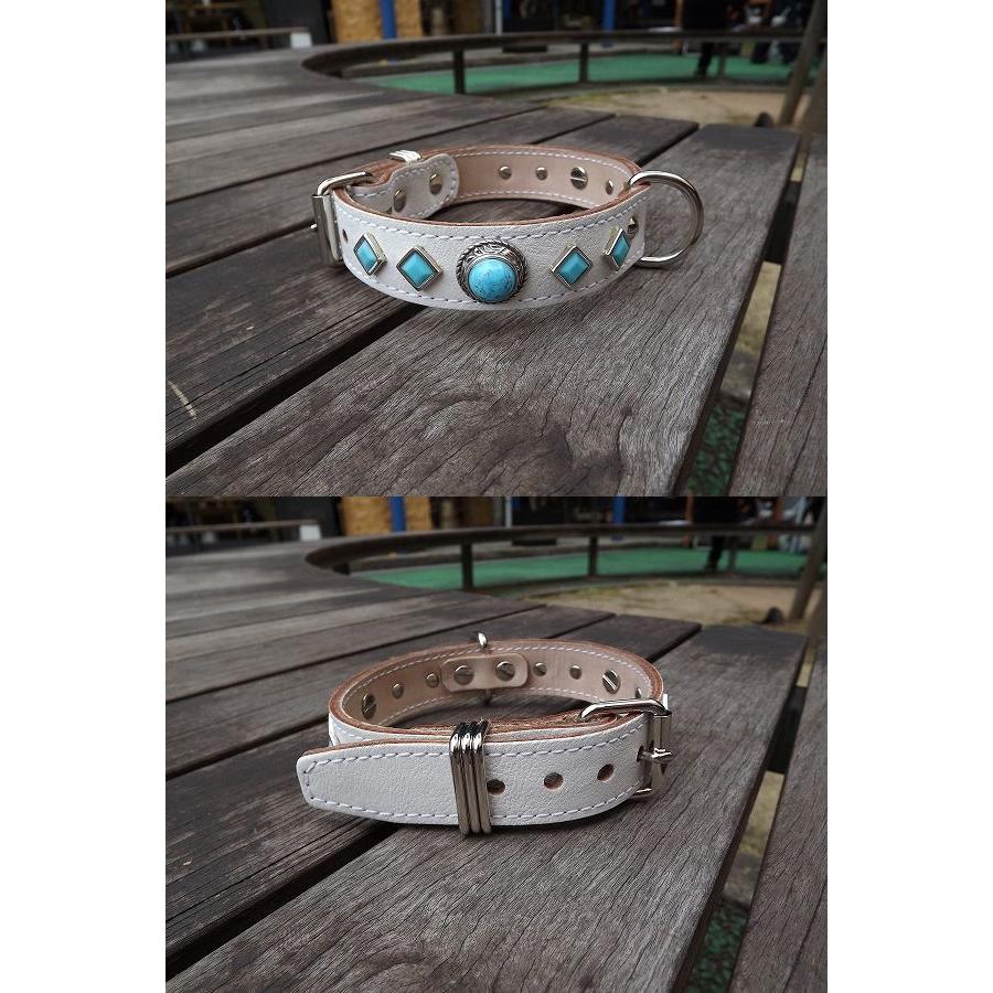 オリジナル首輪 M&R Factoryシロレザー・ターコイズのスタッズ・ヌメ革製首輪mr0085 ボストンテリア・フレンチブルドッグ・パグ ...