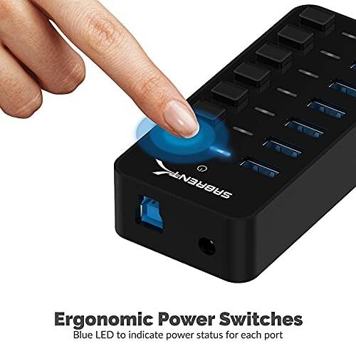 SABRENT usbハブ電源付き 12V/3A電源アダプタ 3.2 Gen 1、7ポート 36W（LED電源スイッチ搭載 ...