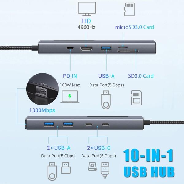USB-C ハブ 10in1 LUONOACN HDMI 4K60Hz USB A&C 5Gbpsデータ転送ポート増設 PD充電対応 1Gbpsイーサネットポー : チャンスAA - 通販 ...