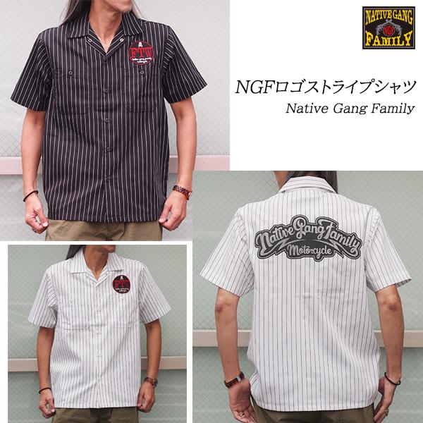 NATIVE GANG FAMILY ネイティブギャングファミリー NGFロゴストライプシャツ NGF43-881 アメカジ タトゥー シャツ ...