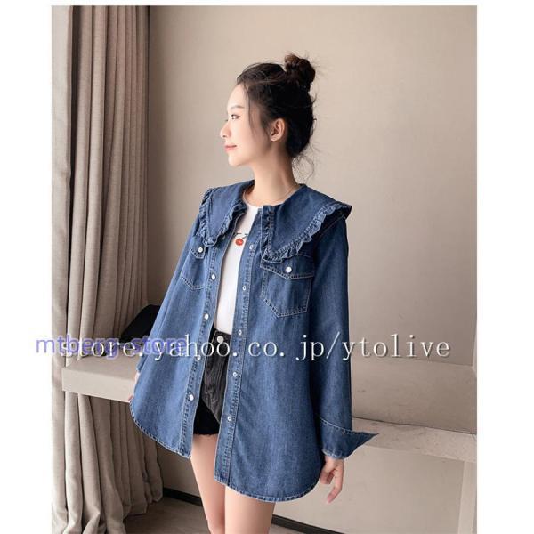 シャツ デニムシャツ 春 春服 レディース トップス フリル 長袖 シャツ デニムシャツ 春 春服 レディース トップス フリル 長袖