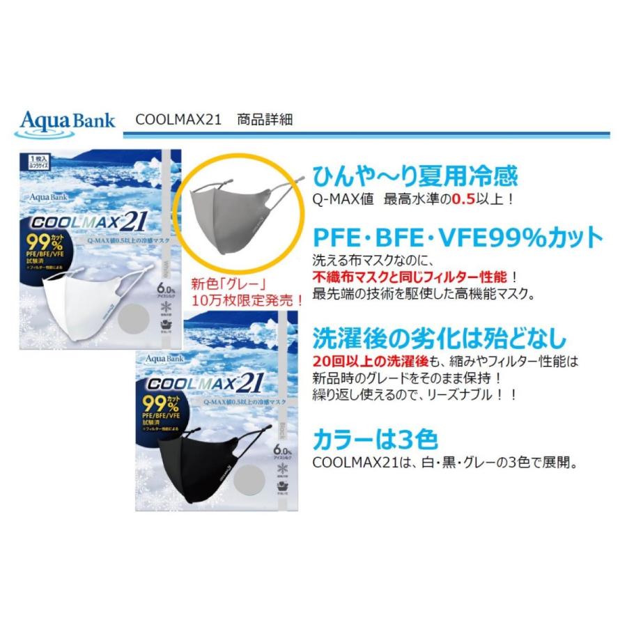 アクアバンク 冷感マスク「COOL MAX 21」PFE99%（1枚入り）全3色【JIS T90001 承認取得中!】 : CHUGAI ...