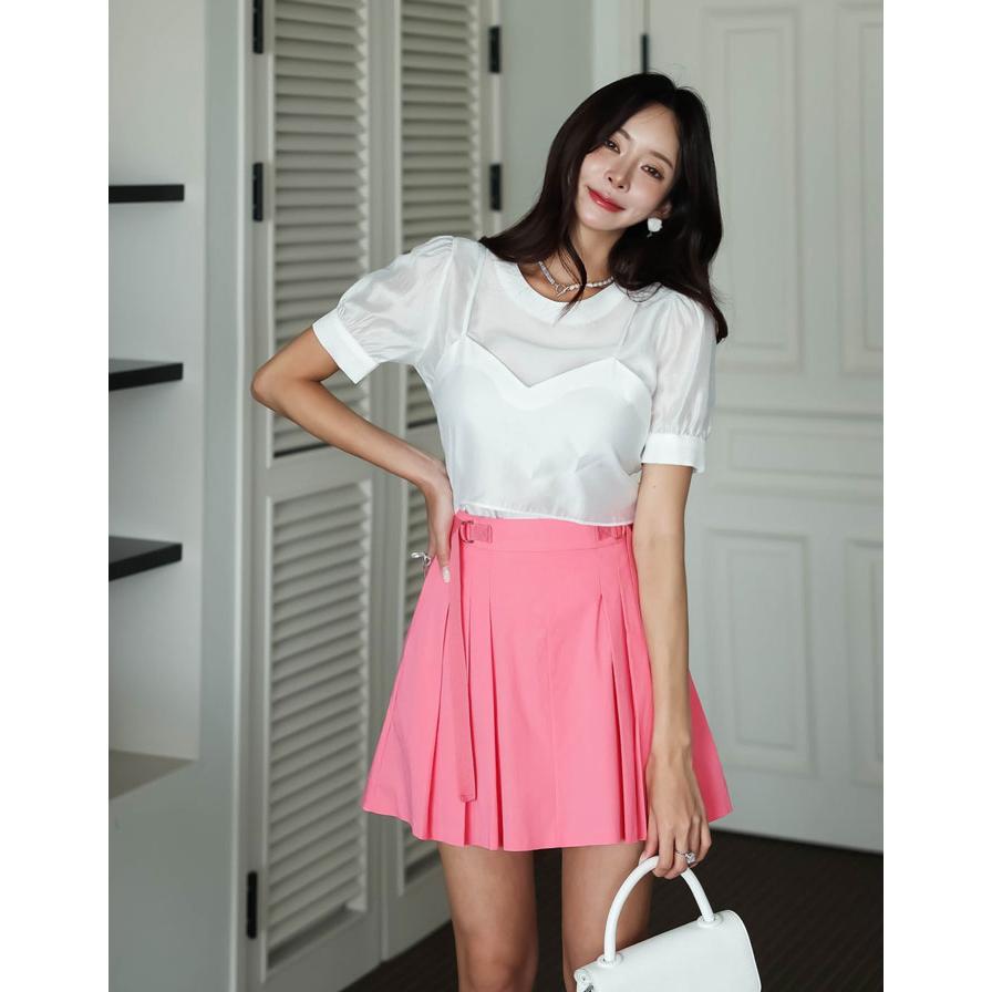 《新作10％OFF 7/22(火) 11:59迄》ビスチェドッキング半袖ブラウス アイボリー ピンク スカイブルー ブラック S/M/L【bustier-u25062402top】( mja ...