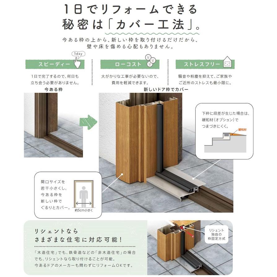 LIXIL リシェント玄関ドア3 アルミ仕様 / 手動 片袖飾り-中桟付きポストなし_ランマなし C20N型(アルミ色) 特注 W：954〜1,446mm × H：1,738〜2,438mm ...