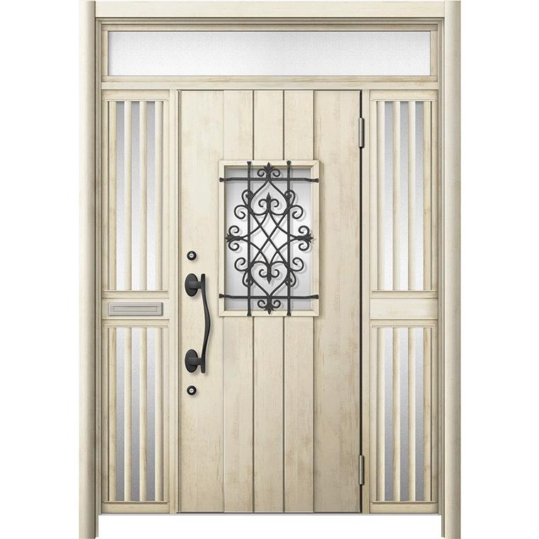 LIXIL リシェント 玄関ドア3 断熱仕様 / 非防火 K2 D41型 木目調 両袖飾りランマ付中桟付ポスト付 特注寸法 W：1,475〜1,695mm × H：1,974〜2,600mm ...