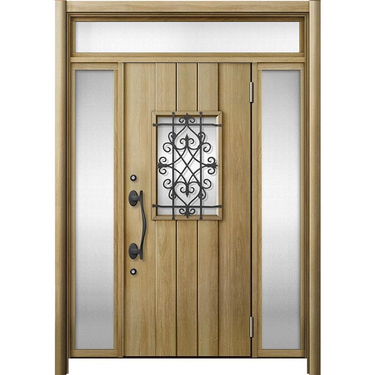 LIXIL リシェント 玄関ドア3 断熱仕様 / 非防火 K4 D41型 木目調 両袖ランマ付 特注サイズ W：1,193〜1,695mm × H：1,974〜2,600mm カバー工法 ...