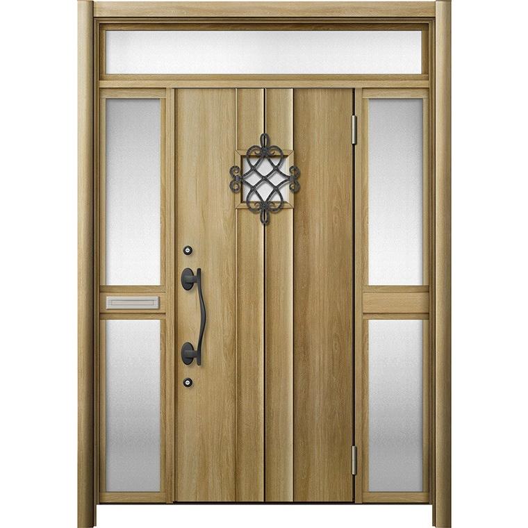 LIXIL リシェント 玄関ドア3 断熱仕様 / 非防火 K4 D77型 木目調 両袖ランマ付中桟付ポスト付 特注サイズ W：1,312〜1,695mm × H：1,974〜2,600mm ...