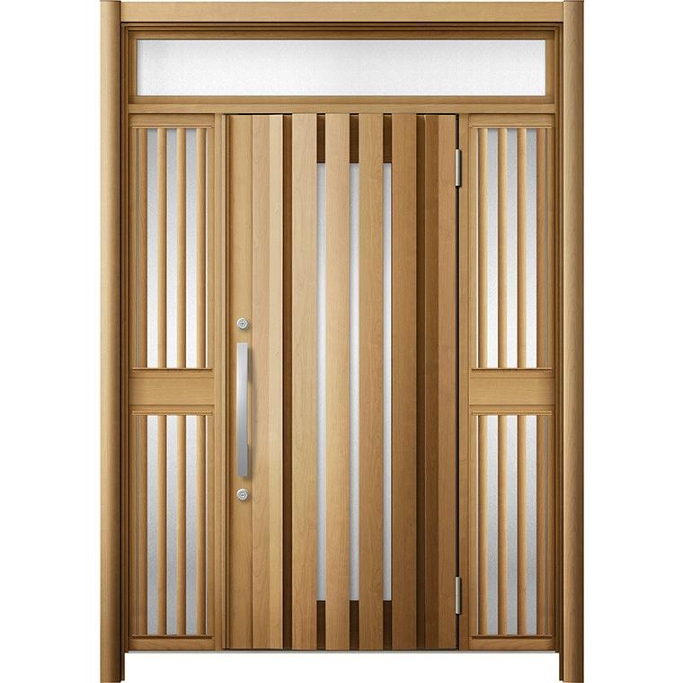 LIXIL リシェント 玄関ドア3 断熱仕様 / 非防火 K4 G14型 木目調 両袖飾りランマ付中桟付ポスト無 特注寸法 W：1,360〜1,695mm × H：1,974〜2,600mm ...