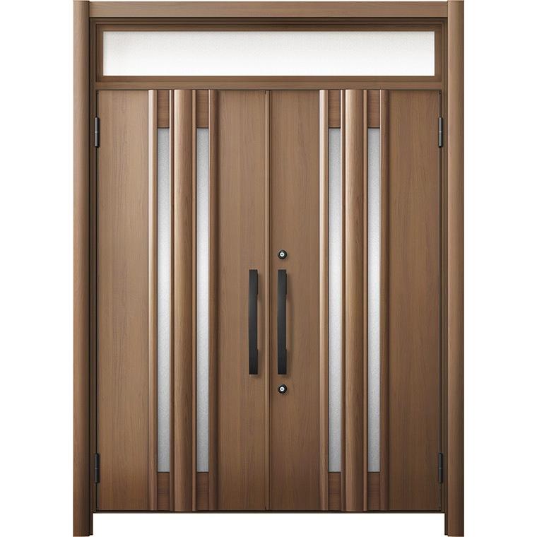 LIXIL リシェント 玄関ドア3 断熱仕様 / 非防火 K4 G15型 木目調 両開きランマ付 特注サイズ W：1,370〜1,873mm × H：1,974〜2,600mm カバー工法 ...