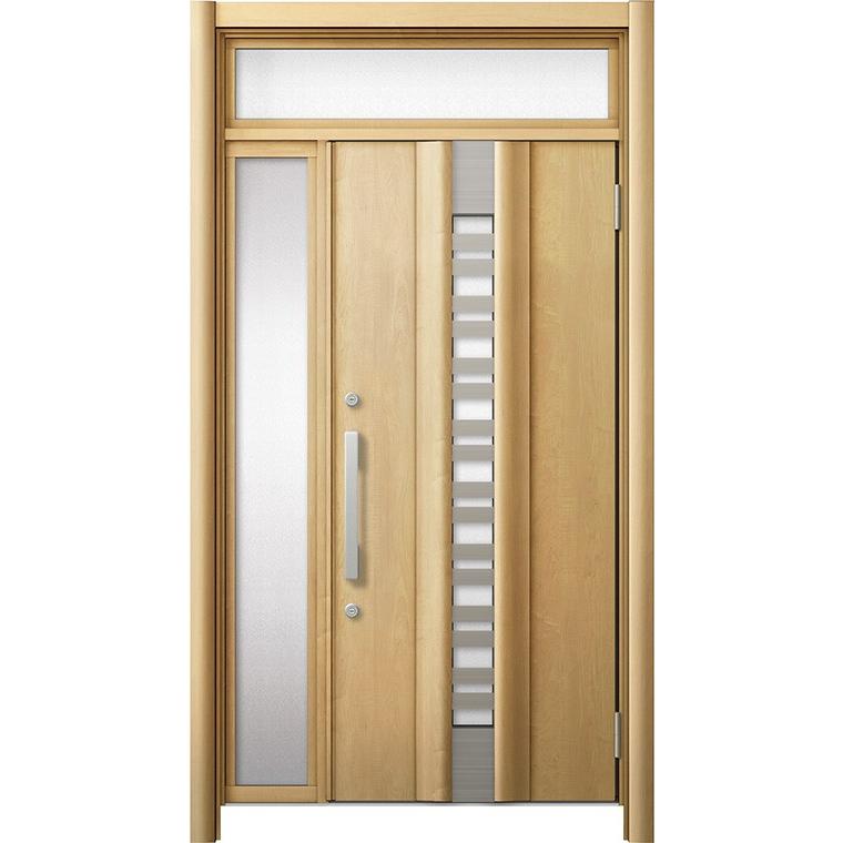 LIXIL リシェント 玄関ドア3 断熱仕様 / 非防火 K4 G82型 木目調 片袖ランマ付 特注サイズ W：972〜1,446mm × H：2,074〜2,600mm カバー工法 ...