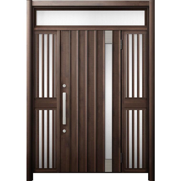 LIXIL リシェント 玄関ドア3 断熱仕様 / 非防火 K4 P77型 木目調 両袖飾りランマ付中桟付ポスト無 特注寸法 W：1,184〜1,695mm × H：1,974〜2,600mm ...