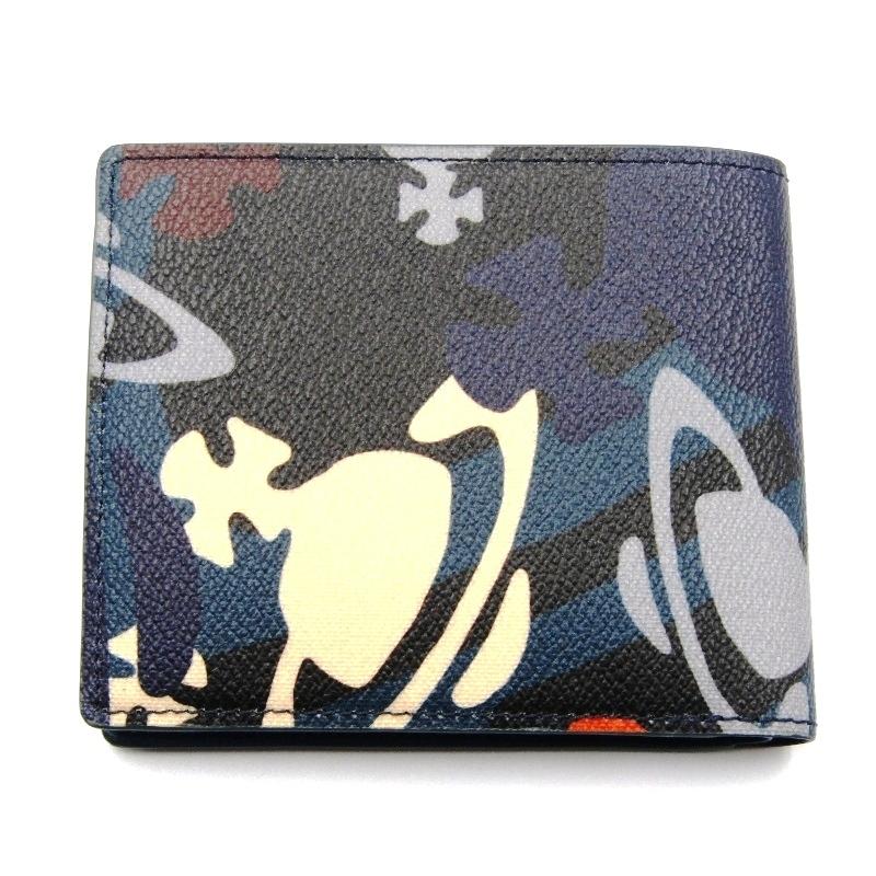 Vivienne Westwood 美品 ヴィヴィアンウエストウッド 二つ折り財布 カモフラージュORB 迷彩 オーブ ネイビー 紺 レザー ...