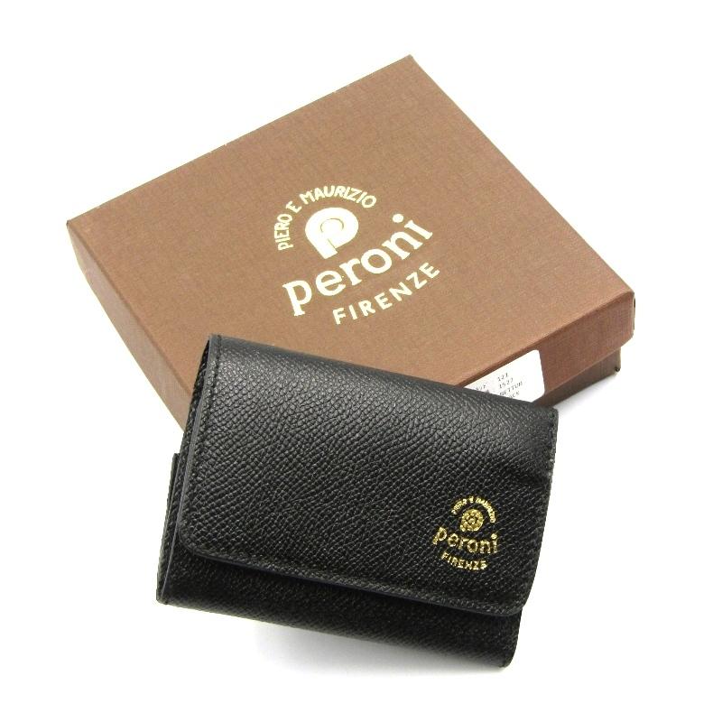 未使用 PERONI FIRENZE ペローニ フィレンツェ 三つ折り財布 1527 型押し ミニ財布 Wフラップ 牛革 ブラック 黒 レザー ...