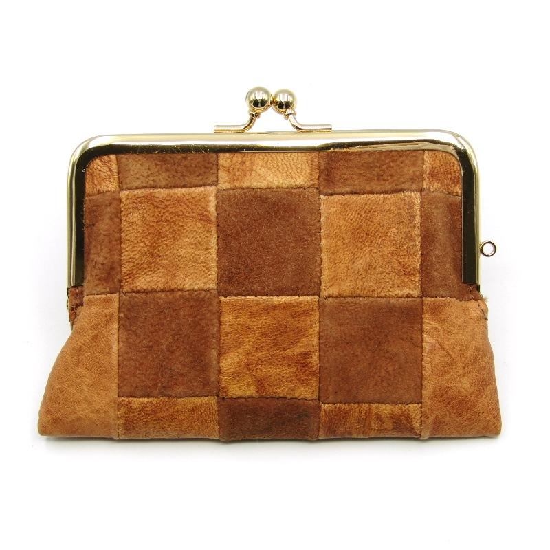 美品 Damasquina ダマスキーナ ミニ財布 BLOCK PATCHWORK W GAMAGUCHI WALLET ONE LIMITED がま口 牛革 ブラウン 24003768 ...
