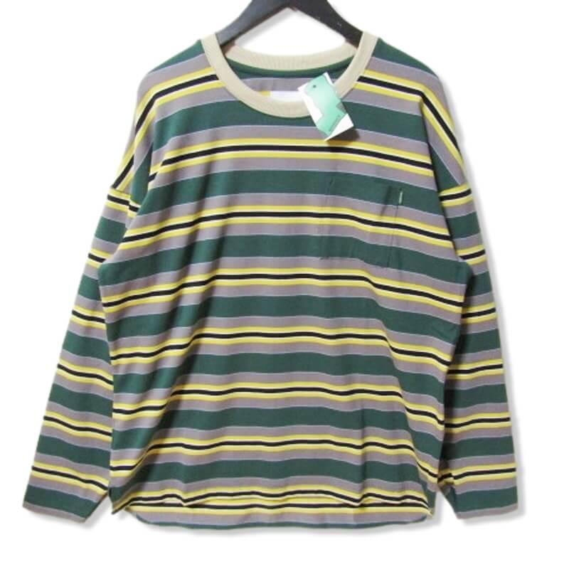 未使用 WHIMSY ウィムジー 長袖Tシャツ SNAP SLEEVE BORDER TOP ボーダー ポケット Tee ベージュ グリーン L タグ付き 27104056 : クラシック ...