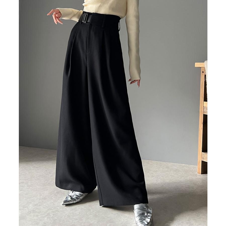 classicalelf ボトムス パンツ ツイード 調 ハイウエスト 2 タック ワイド スラックス 美シルエット ウエスト アシンメトリー 合皮 ベルト デザイン : Classical ...