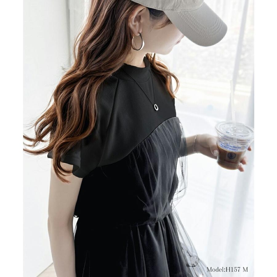 classicalelf ワンピース レディース フレンチ スリーブ ドッキング チュール ティアード ワンピ レイヤードコーデ 高見え ハイウエスト ドロスト 調節可 : Classical ...