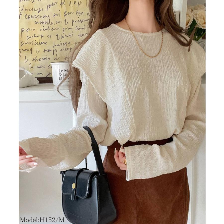 classicalelf トップス Tシャツ カットソー レディース ラッフル ショルダー ジャガード フリル シャーリング プルオーバー オフィスカジュアル : Classical Elf ...