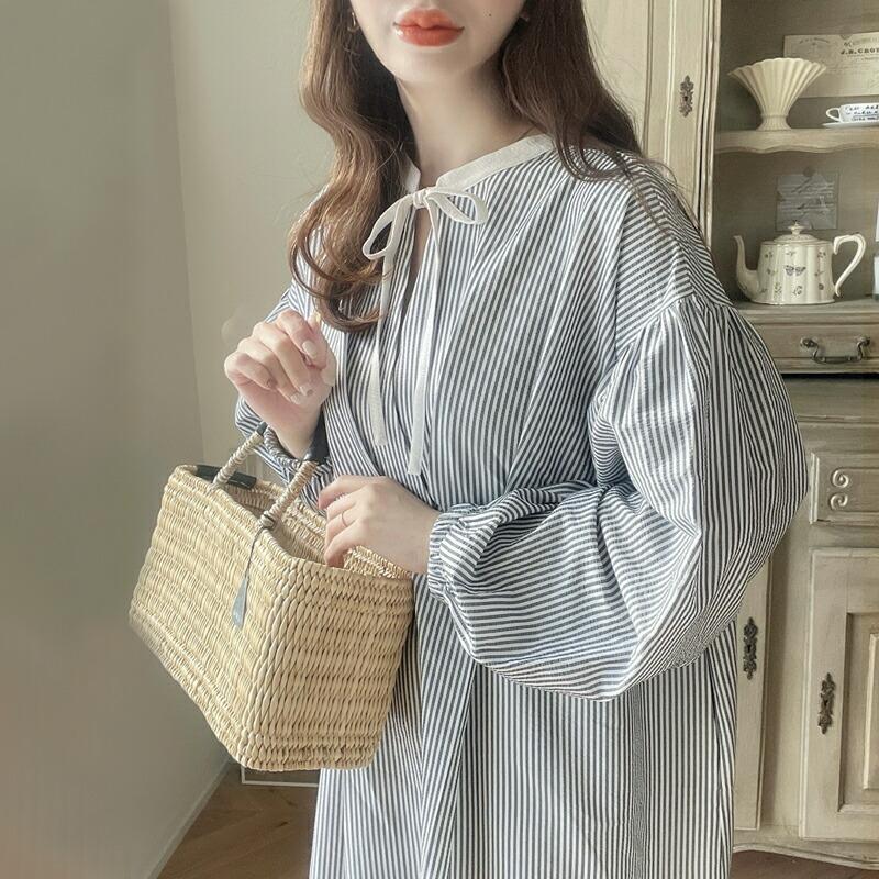 classicalelf 送料無料 ワンピース レディース 前後 2way 長袖 タック リボン カシュクールデザイン 凹凸 サッカー スタンドカラー ふんわり ボリュームスリーブ ...