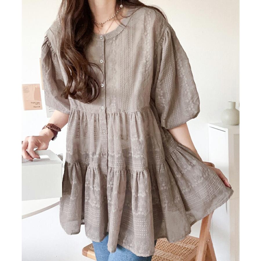 classicalelf トップス シャツ レディース シアー ヴィンテージ 刺繍 3WAY バルーン スリーブ ティアード ブラウス バンドカラー ギャザー 羽織り : Classical ...