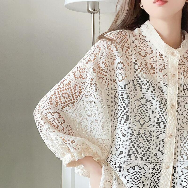 classicalelf 送料無料 トップス シャツ レデイース 前後 2way パネル クロッシェ 風 総 レース バンド カラー ブラウス 羽織り ボリューム スリーブ レイヤードコーデ ...