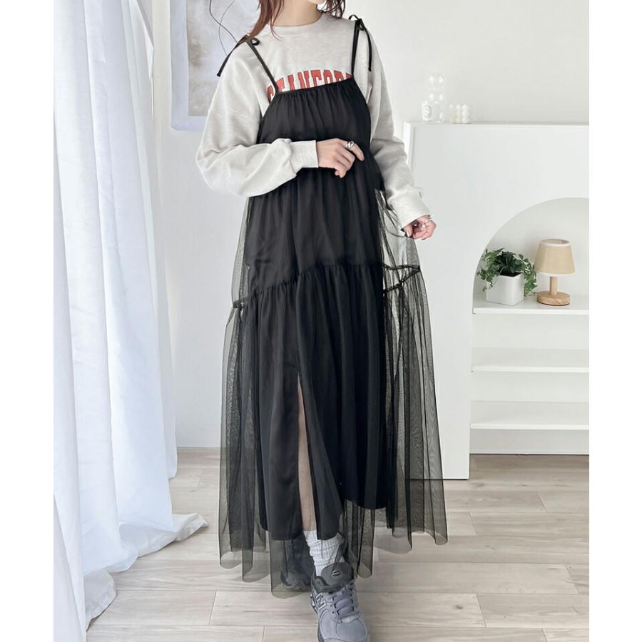 classicalelf ワンピース レディース ドッキング ティアード チュール ワンピ ダブルストラップ リボン 切替 ギャザー スリット ロングシーズン レイヤードコーデ ...