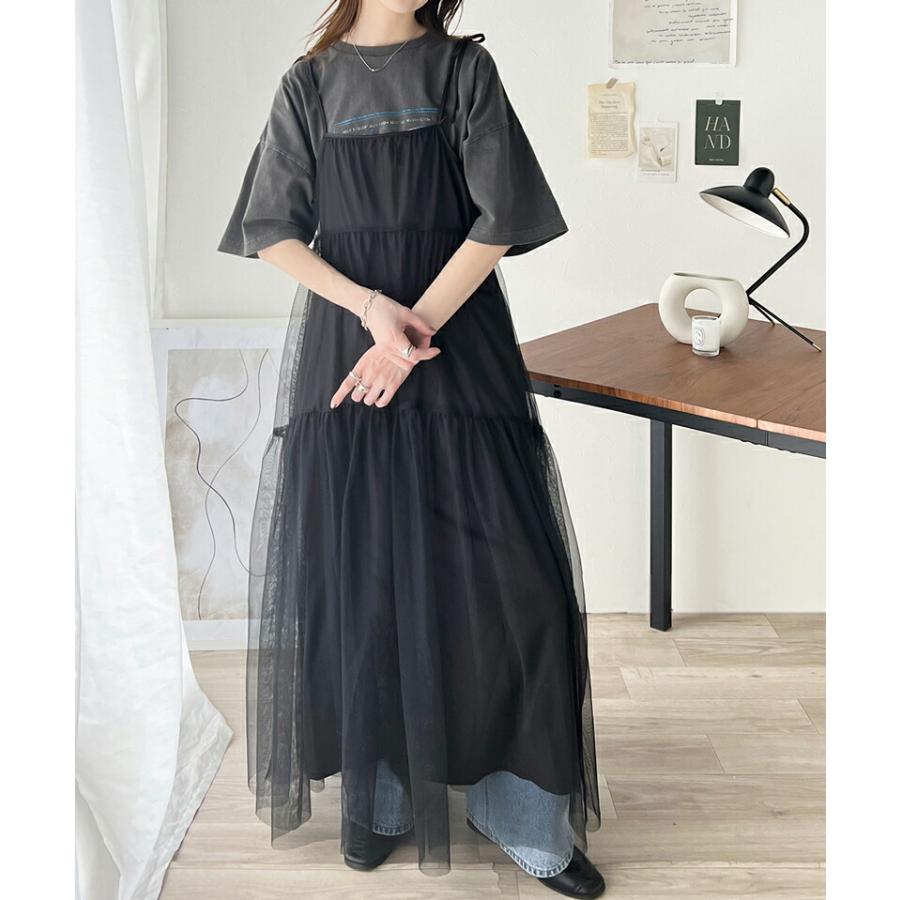 classicalelf ワンピース レディース ドッキング ティアード チュール ワンピ ダブルストラップ リボン 切替 ギャザー スリット ロングシーズン レイヤードコーデ ...