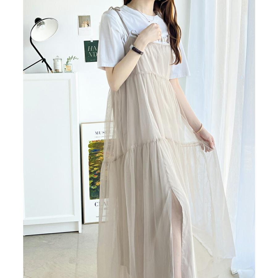 classicalelf ワンピース レディース ドッキング ティアード チュール ワンピ ダブルストラップ リボン 切替 ギャザー スリット ロングシーズン レイヤードコーデ ...