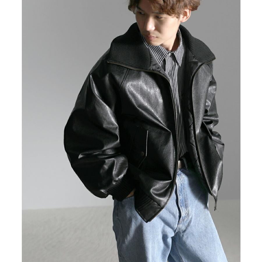 classicalelf 《javaジャバコラボ》 アウター ブルゾン メンズ ヴィンテージライク リブ タートル フェイクレザー ジャケット 古着風 男女兼用 ユニセックス ...