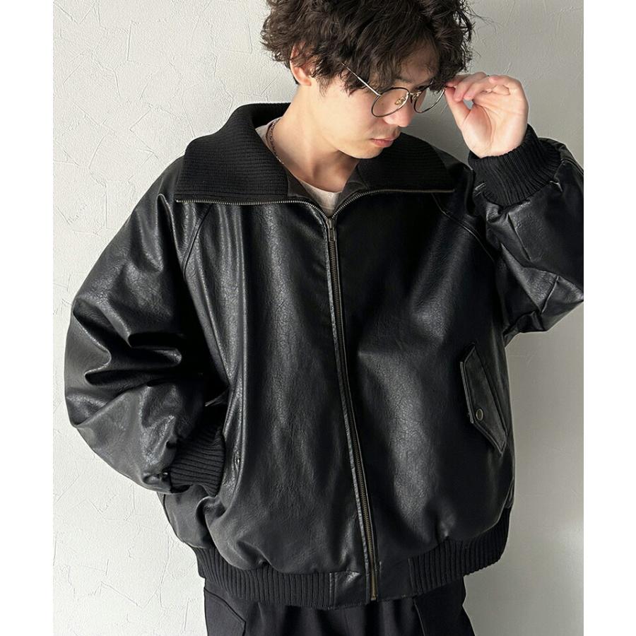 classicalelf 《javaジャバコラボ》 アウター ブルゾン メンズ ヴィンテージライク リブ タートル フェイクレザー ジャケット 古着風 男女兼用 ユニセックス ...