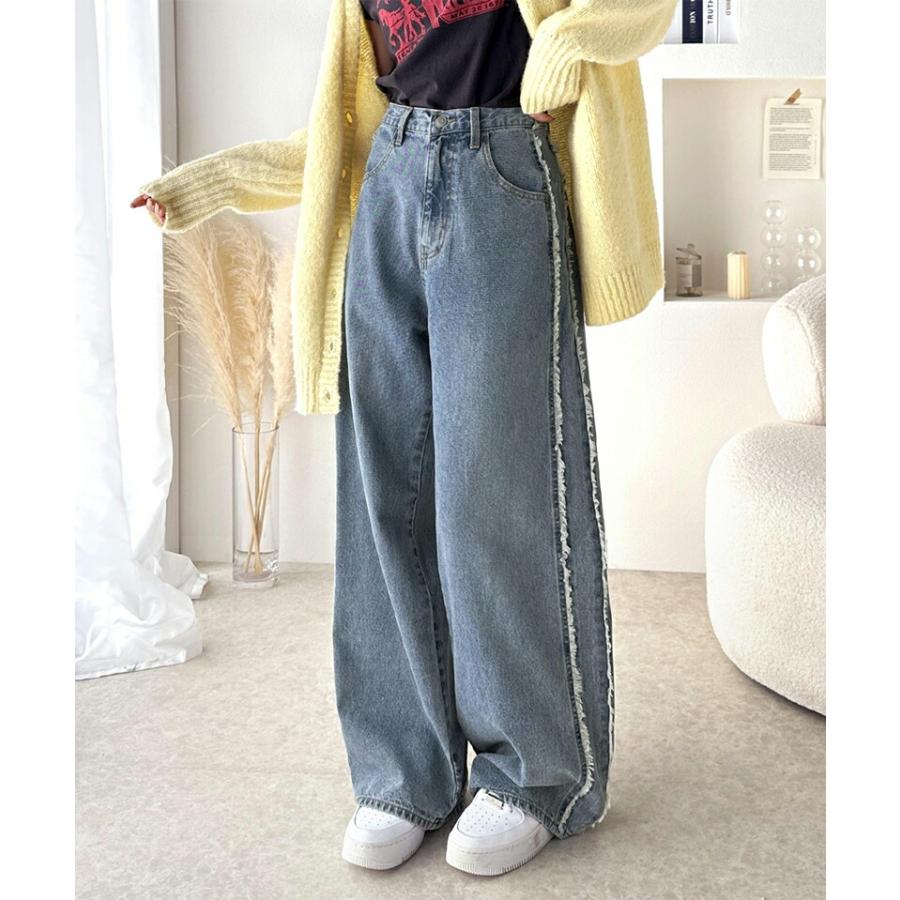 classicalelf 《Javaジャバコラボ》 ボトムス パンツ 一味違う配色 フリンジデザイン フリンジライン サイドフリンジ ワイドデニム 男女兼用 ユニセックス ...