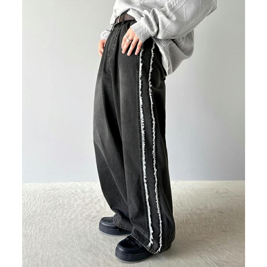 classicalelf 《Javaジャバコラボ》 ボトムス パンツ 一味違う配色 フリンジデザイン フリンジライン サイドフリンジ ワイドデニム 男女兼用 ユニセックス ...