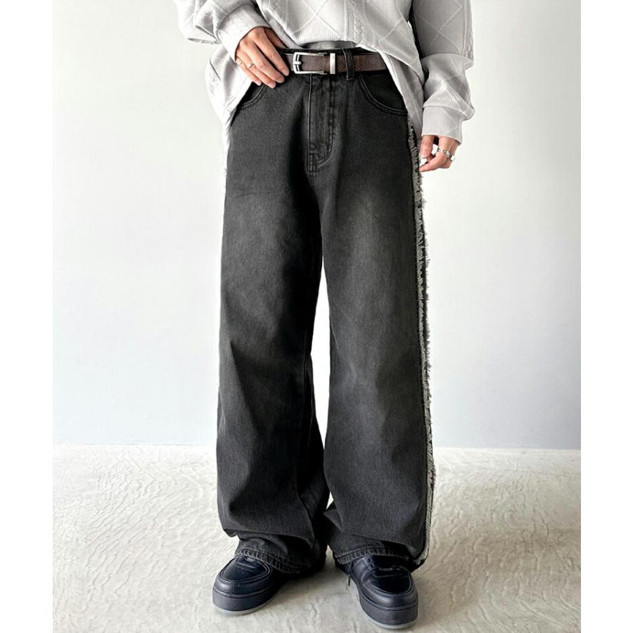 classicalelf 《Javaジャバコラボ》 ボトムス パンツ 一味違う配色 フリンジデザイン フリンジライン サイドフリンジ ワイドデニム 男女兼用 ユニセックス ...