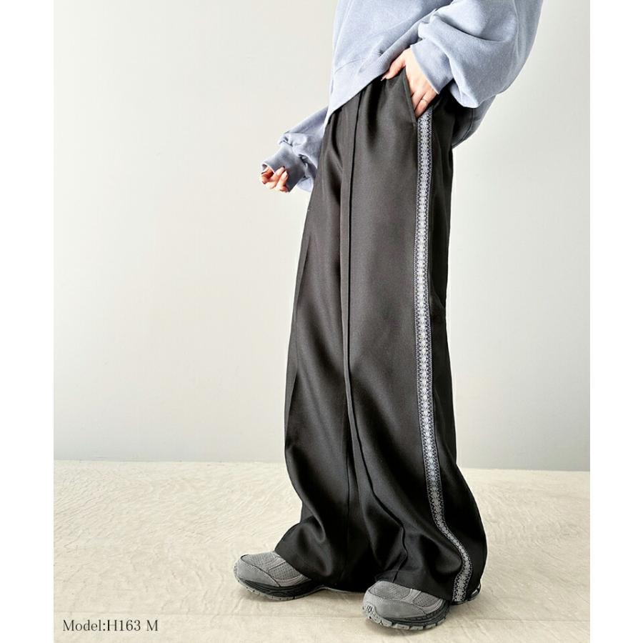 classicalelf 《javaジャバコラボ》 送料無料 ボトムス パンツ レディース ジャガード ブレード ワイド ヴィンテージライク サイドライン トラック スラックス ...