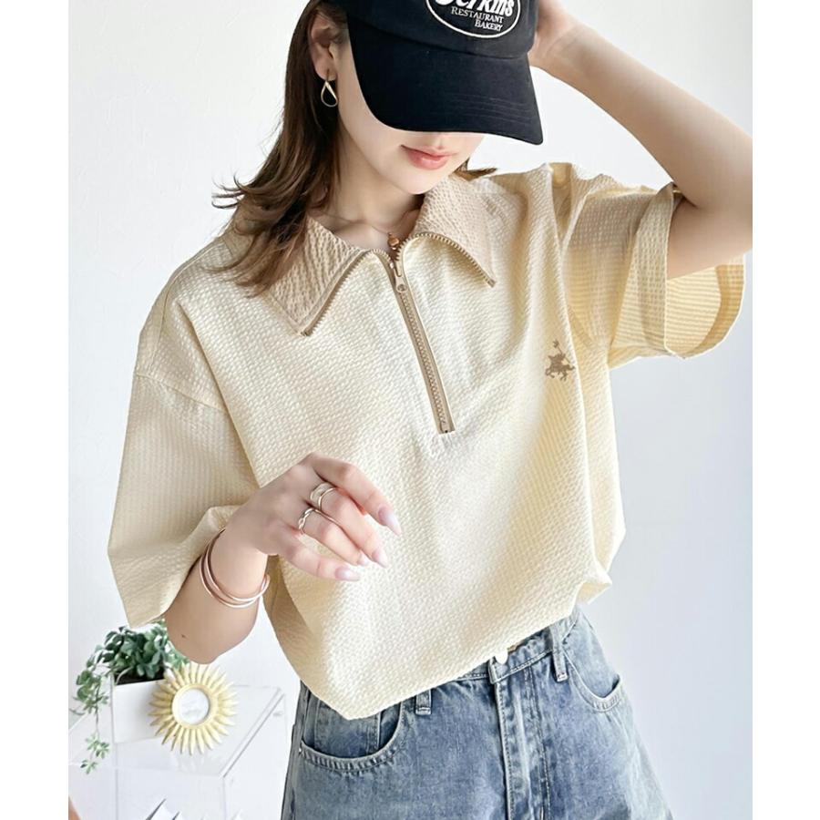 classicalelf 《javaジャバコラボ》 トップス Tシャツ レディース 胸 刺繍 ドライタッチ サッカー 素材 ハーフ ジップ ハイネック プルオーバー サイド スリット ...