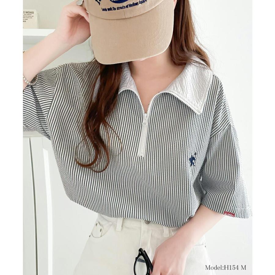 classicalelf 《javaジャバコラボ》 トップス Tシャツ レディース 胸 刺繍 ドライタッチ サッカー 素材 ハーフ ジップ ハイネック プルオーバー サイド スリット ...