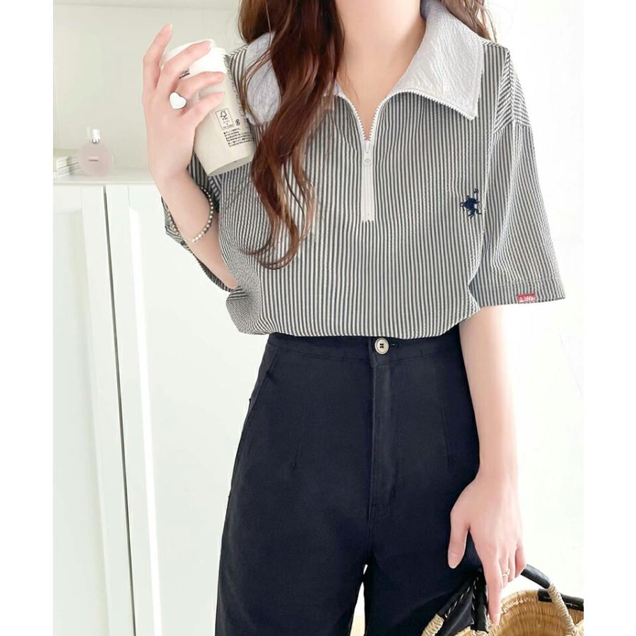 classicalelf 《javaジャバコラボ》 トップス Tシャツ レディース 胸 刺繍 ドライタッチ サッカー 素材 ハーフ ジップ ハイネック プルオーバー サイド スリット ...