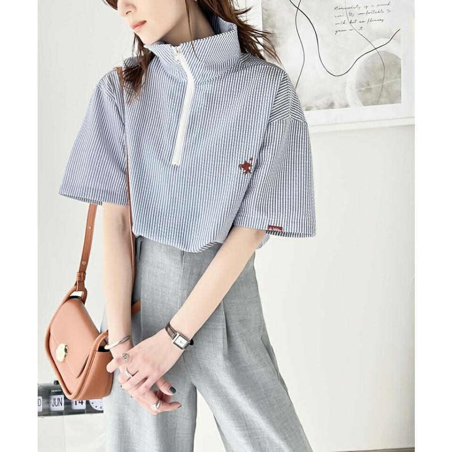 classicalelf 《javaジャバコラボ》 トップス Tシャツ レディース 胸 刺繍 ドライタッチ サッカー 素材 ハーフ ジップ ハイネック プルオーバー サイド スリット ...