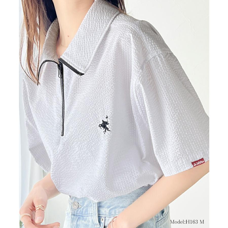 classicalelf 《javaジャバコラボ》 トップス Tシャツ レディース 胸 刺繍 ドライタッチ サッカー 素材 ハーフ ジップ ハイネック プルオーバー サイド スリット ...