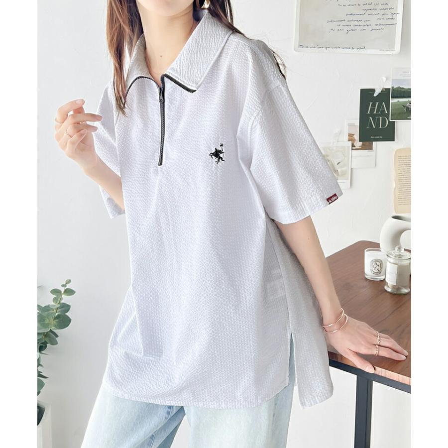 classicalelf 《javaジャバコラボ》 トップス Tシャツ レディース 胸 刺繍 ドライタッチ サッカー 素材 ハーフ ジップ ハイネック プルオーバー サイド スリット ...