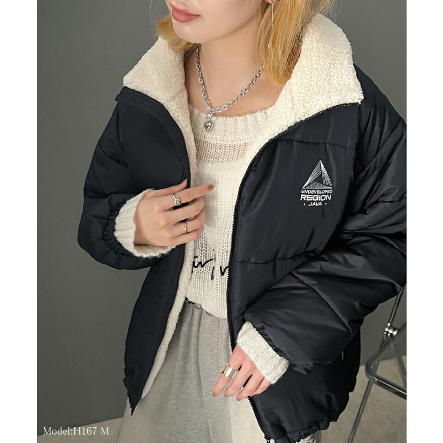 classicalelf 《javaジャバコラボ》 アウター ジャケット レディース マウンテン 刺繍 ダブル ジップ 中綿 襟 ボア 超軽量 ブルゾン ゆるっと オーバーサイズ ...