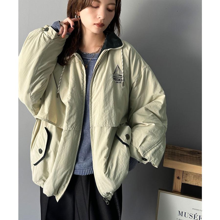 《Javaジャバコラボ》 送料無料 アウター ブルゾン レディース アウター 胸刺繍 襟配色 ヴィンテージ風 ドローコート ドロスト 古着風 ...