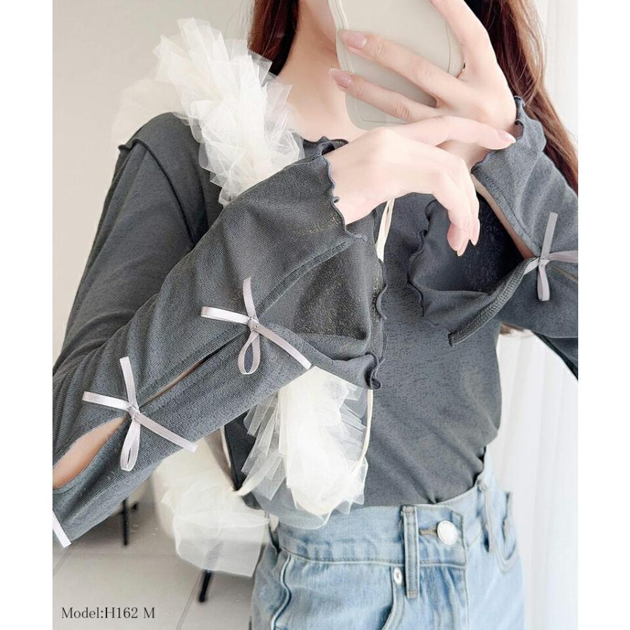 classicalelf 【mily bilet】 トップス Tシャツ レディース フレアスリーブ リボン スラブ シアー ジャガード クルーネック プルオーバー : Classical ...