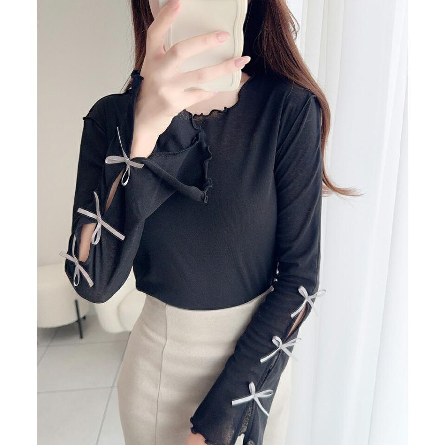 classicalelf 【mily bilet】 トップス Tシャツ レディース フレアスリーブ リボン スラブ シアー ジャガード クルーネック プルオーバー : Classical ...