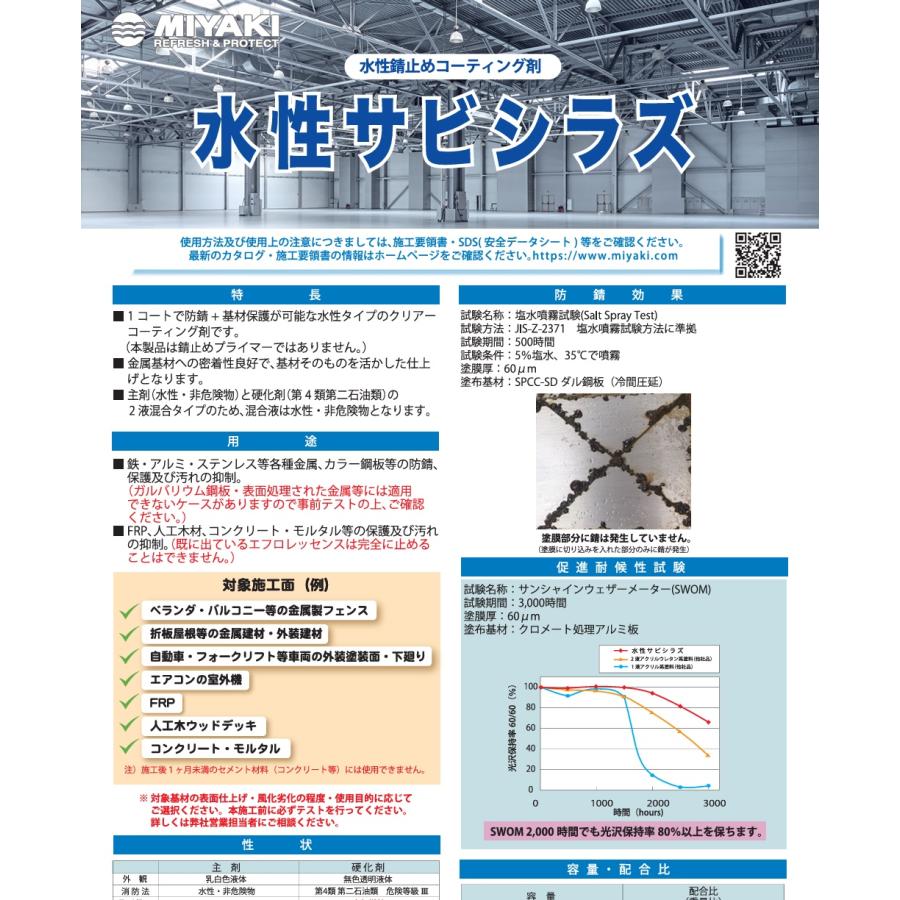 ミヤキ 水性サビシラズ（主剤4L+硬化剤1L） 業務用 錆止めクリアコート 鉄 アルミ ステンレス 防錆 保護 FRP 人工木材 コンクリート モルタル 防汚剤 MIYAKI ...