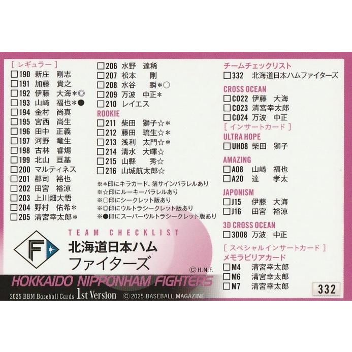 BBM 2025 1st 北海道日本ハムファイターズ 332 チームチェックリスト : トレカショップ CLEAR FILE - 通販 - Yahoo!ショッピング