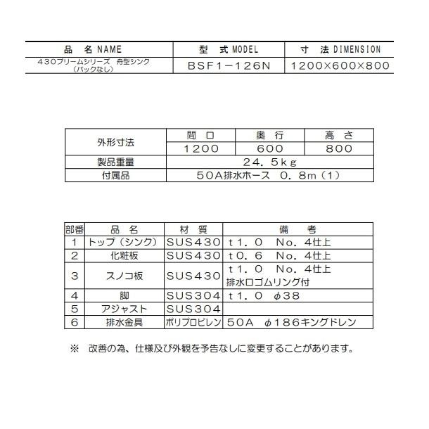 BSF1-126N マルゼン 舟形シンク BGなし 注文