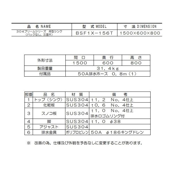 マルゼン（厨房機器） BSF1X-156T SUS304仕様 三面R加工 マルゼン 舟形シンク BGなし : 厨房機器販売クリーブランド - 通販 - Yahoo!ショッピング